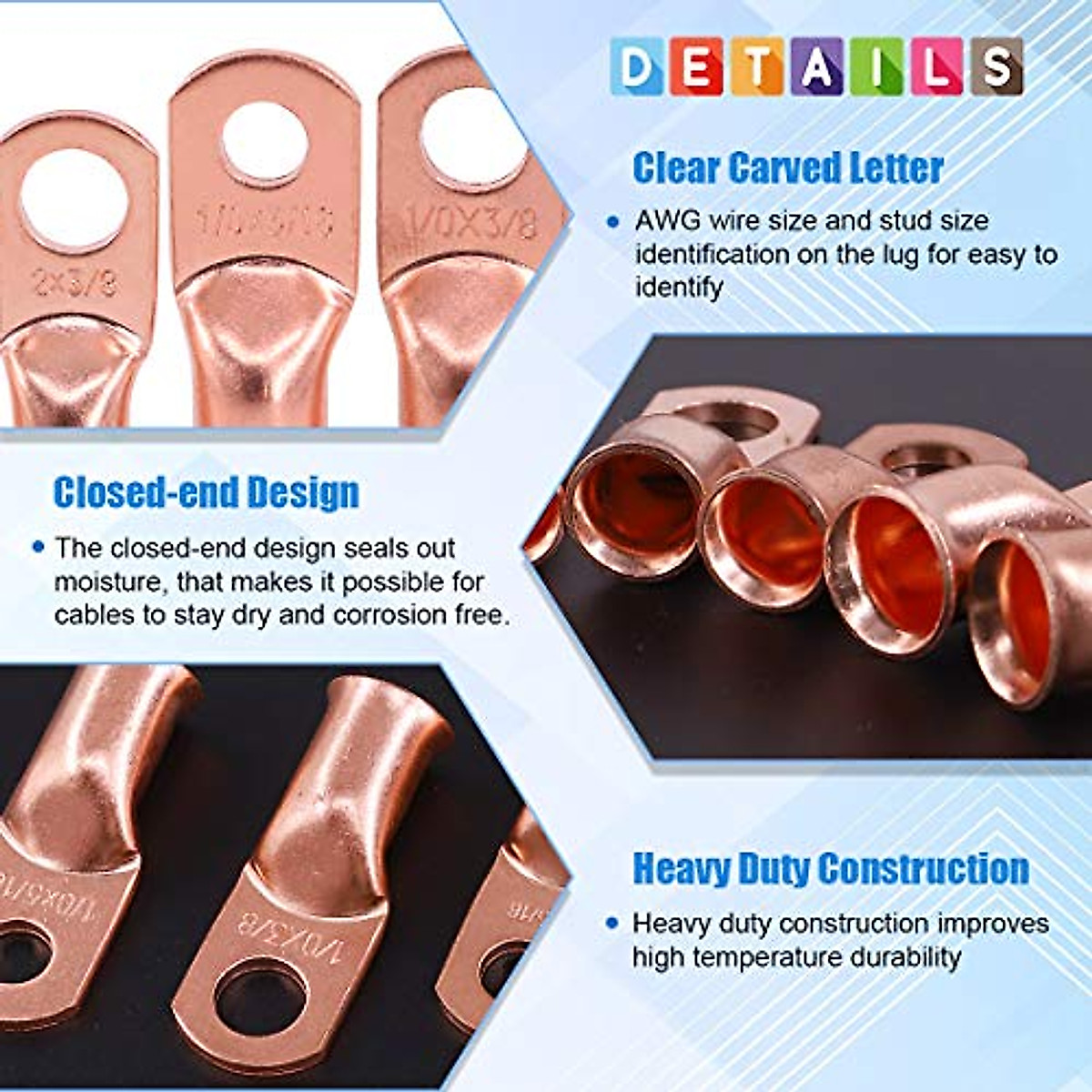Glarks 10Pcs 8x3/8'' Copper Wire Lugs UL Listed Battery Cable Closed Ends Bare Copper Eyelets Tubular Ring Terminal Connectors