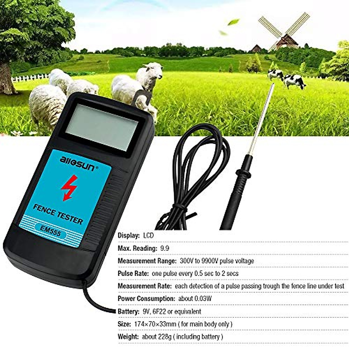 allsun Digital Electrical Fence Voltage Tester Handheld Fence Fault Finder & Locator Checker Fence Voltmeter Troubleshooter High Voltage 300-9900V Gardening Tools