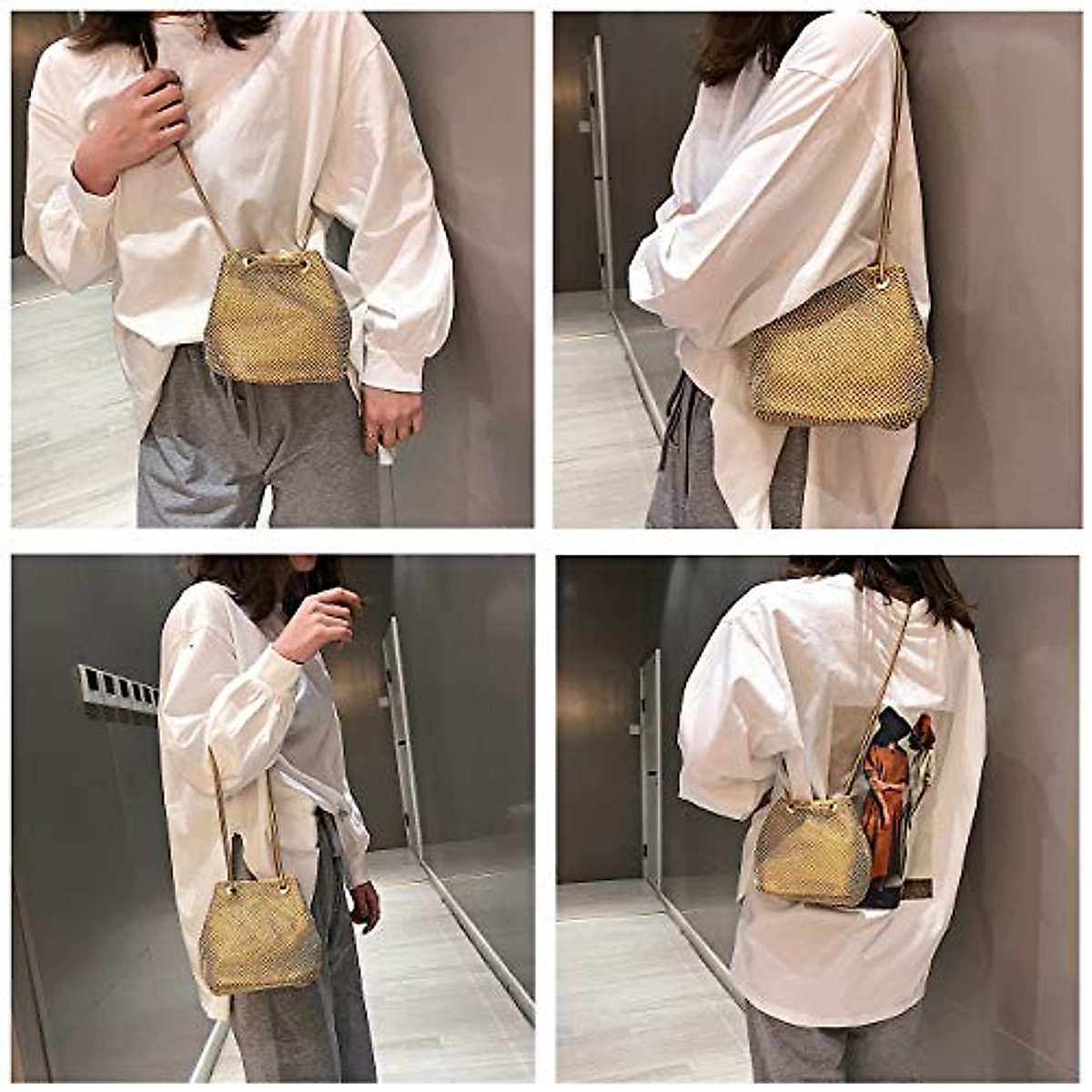 Rhinestone Evening Party Bags for Women Sparkly Gold Clutch Crystal Bucket Purse Wedding Purses Wallet Fancy Desinger Handbags Bing Glitter Shoulder Bags for Cocktail Prom Night Out Small Tote Bag