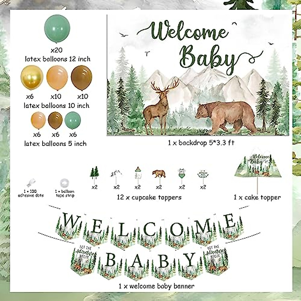 Let the Adventure Begin Baby Shower Decorations Sage Green and Gold Balloon Garland Arch with Welcome Baby Backdrop Banner Cake Toppers for Forest Mountain Adventure Baby Shower Decorations
