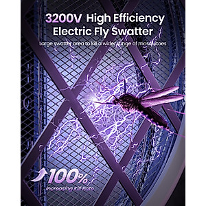 GAIATOP Electric Fly Swatter, 3200V Rechargeable 2 in 1 Fly Swatter, 1200mAh Bug Zapper Racket with UV Light Fly Zapper Dual Mode for Indoor and Outdoor Home Office Backyard Patio Camping