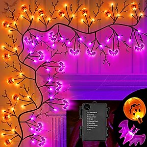9FT 72LED Halloween Decorations Willow Vine Twig Garland with 8 Modes Orange Purple Lights & Timer &12 Pumpkin Bat,Battery Operated Halloween Garland for Mantel Table Fireplace Indoor Home Decor