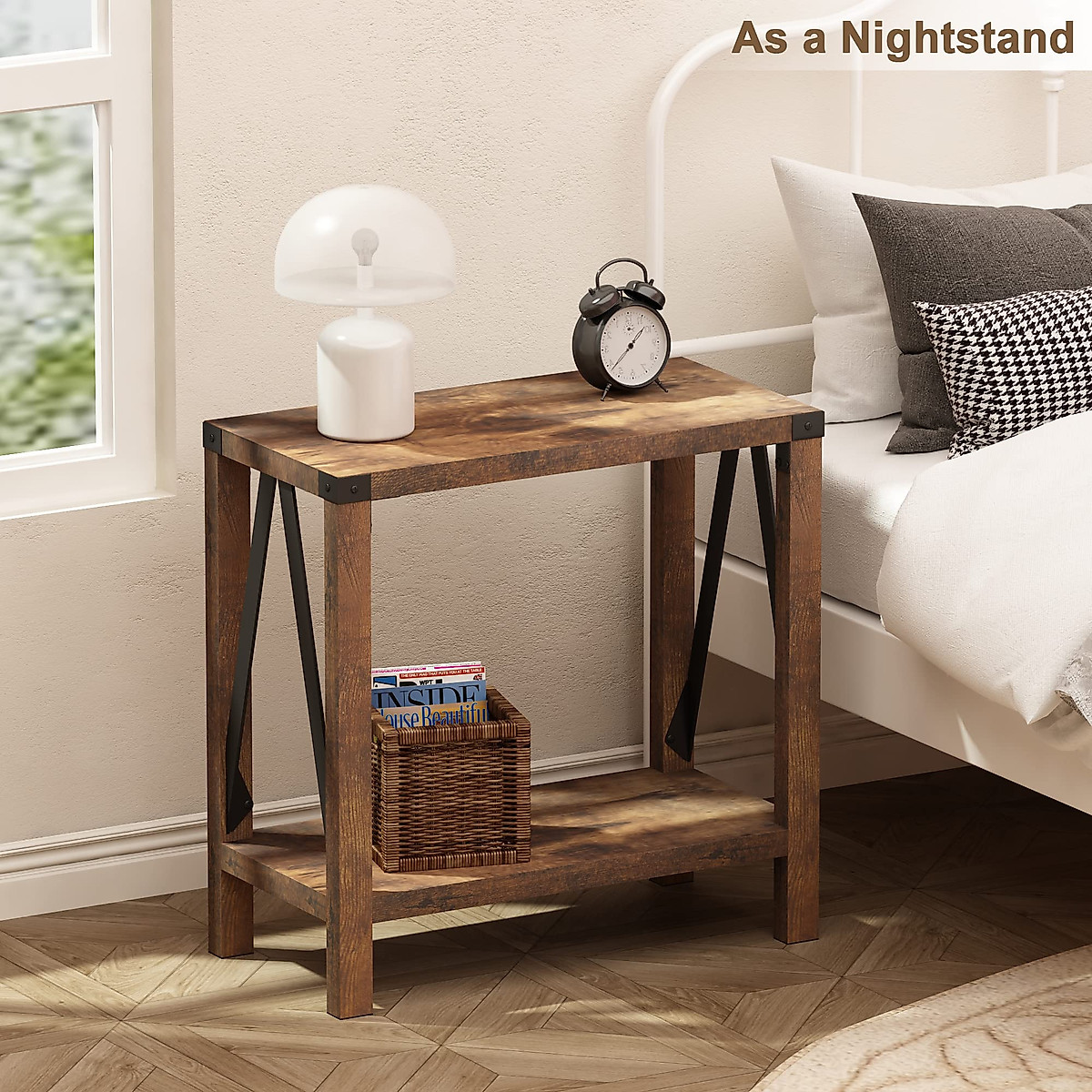 ChooChoo Farmhouse End Table for Small Spaces, Narrow Side End Table with Storage Shelf, Rustic A-Design Nightstand Sofa Table for Living Room, Bedroom (Rustic Brown) 2 Pack