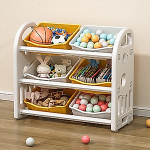 Runboll Toy Storage Bins 3-Tier Multipurpose Toys Organization Rack with 6 Bins for School, Bedroom, Playroom or Nursery