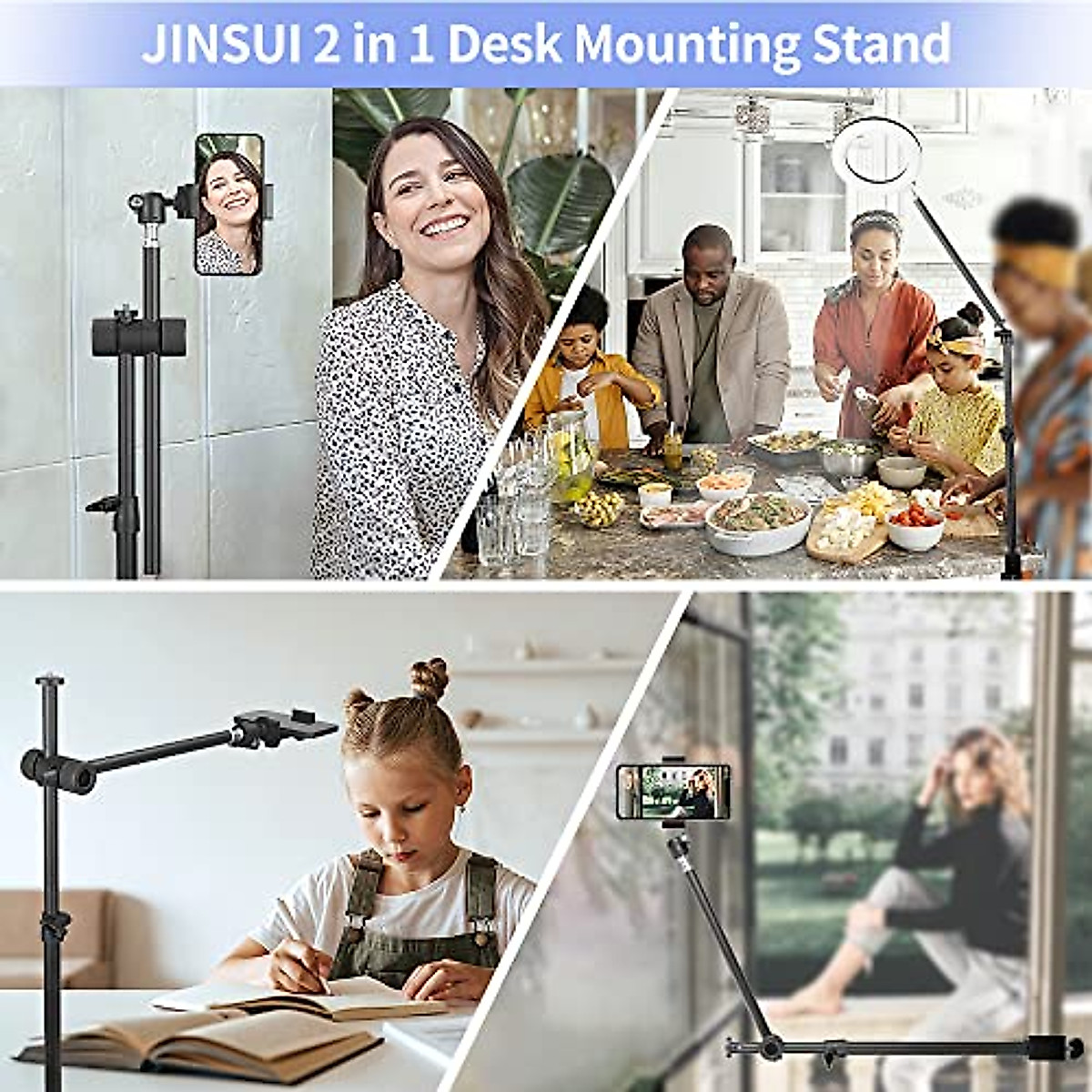 JINSUI Overhead Phone Mount with Holding Arm, Adjustable Camera Desk Mount with Phone Holder and 360° Ball Head, Table C-Clamp Mount Stand for Webcam, Light, Video Recording, Live Streaming