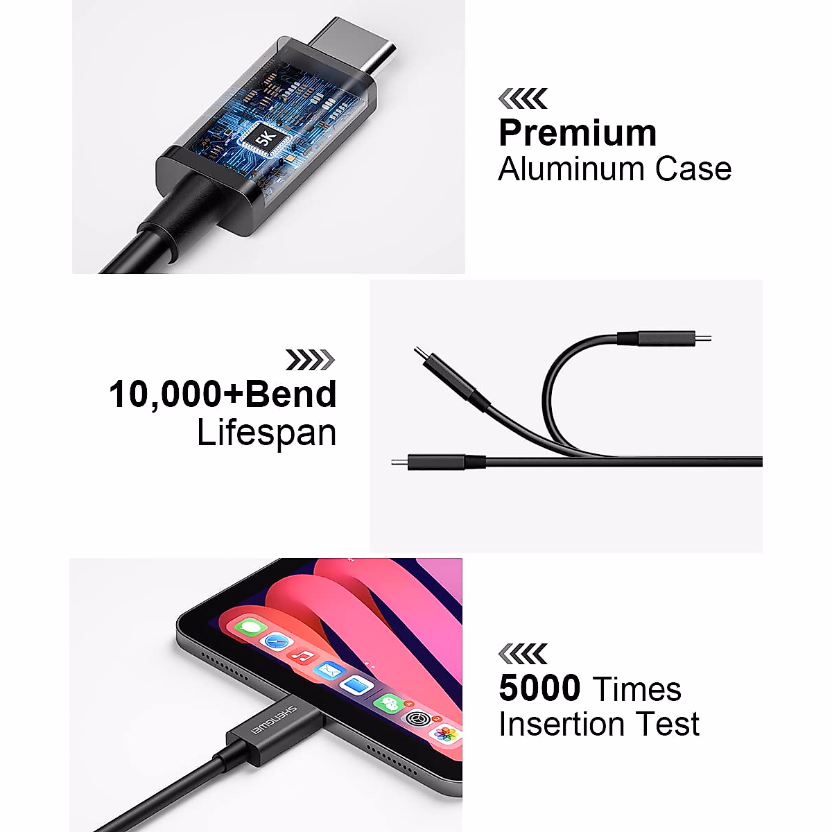 SHENGWEI Thunderbolt 3 Cable 2.3 ft, USB C Cable Supports 40Gbps Date Transfer 100W Charging(20V 5A) Single 5K@60Hz Monitor, Ideal for Type-C MacBook, Dell, Apollo, Pixel, Docking, Hub and More
