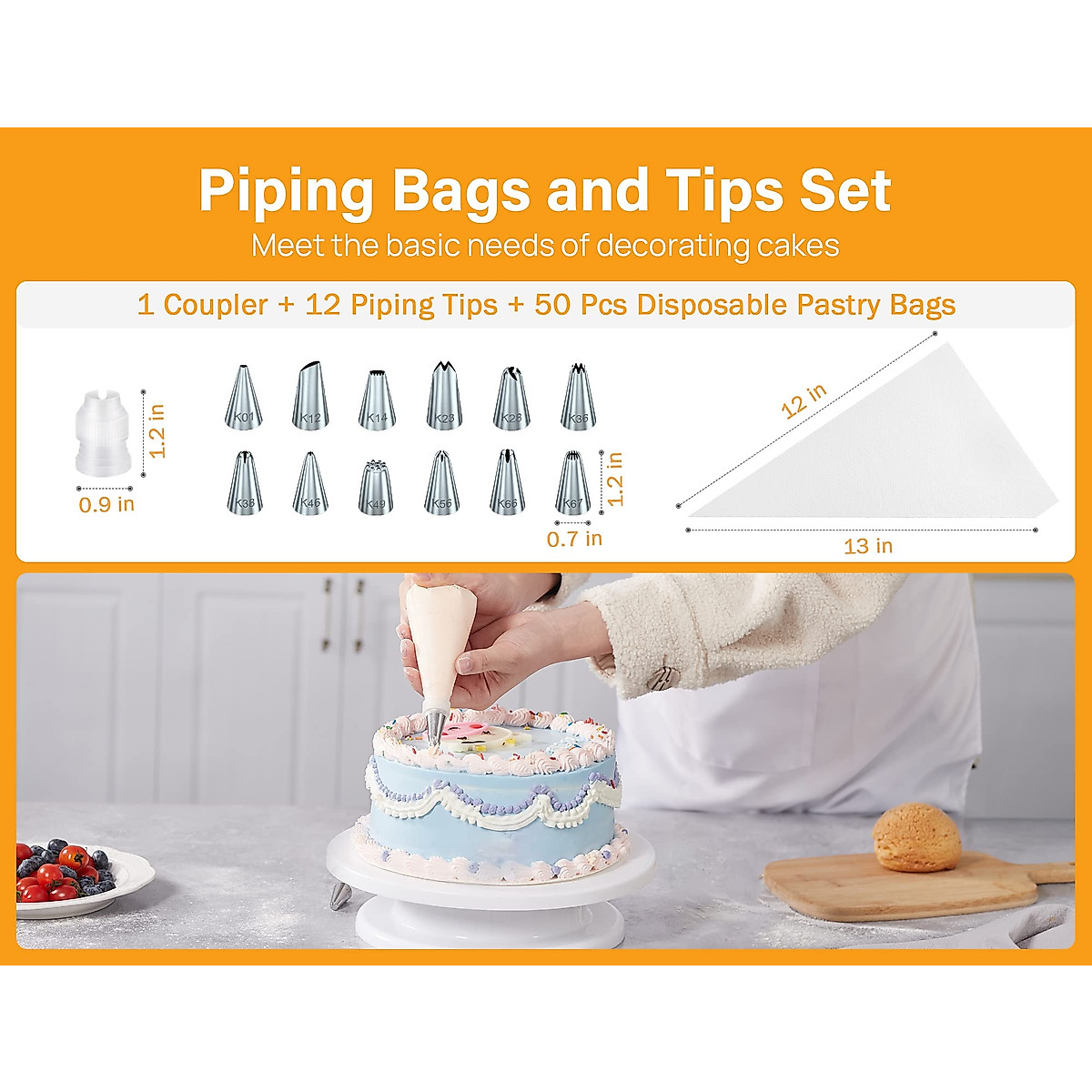 Kootek 69pcs Cake Decorating Supplies Kit, Cake Decorating Set with Cake Turntable Stand, 12 Numbered Icing Piping Tips, 50 Pastry Bags, Straight & Angled Spatula, 3 Scraper & Other Baking Supplies