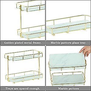 X-cosrack 2-Tier Bathroom Organizer Countertop, Bathroom Countertop Storage Shelf with Removable Marble Glass Tray, Vanity Tray Cosmetic Organizer Holder White