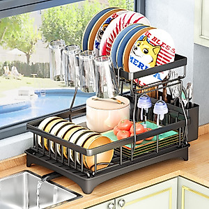 PXRACK Dish Drying Rack, Dish Racks for Kitchen Counter, Rrustproof Large 2 Tier Dish Drying Rack, Space-Saving Dish Drainers for Plate Utensil Cup Dish Drying Rack with Drainboard