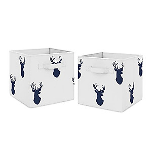 Sweet Jojo Designs Navy Blue Deer Foldable Fabric Storage Cube Bins Boxes Organizer Toys Kids Baby Childrens for Woodland Deer Stag Collection Set of 2