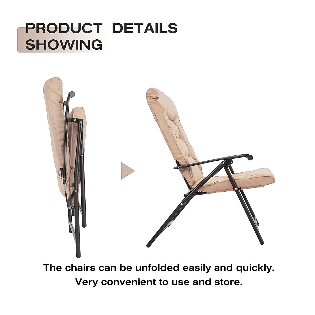 Omelaza 3 Pieces Patio Padded Folding Chair, Outdoor Adjustable Reclining Lounge Chairs with Tempered Glass Table (Beige)