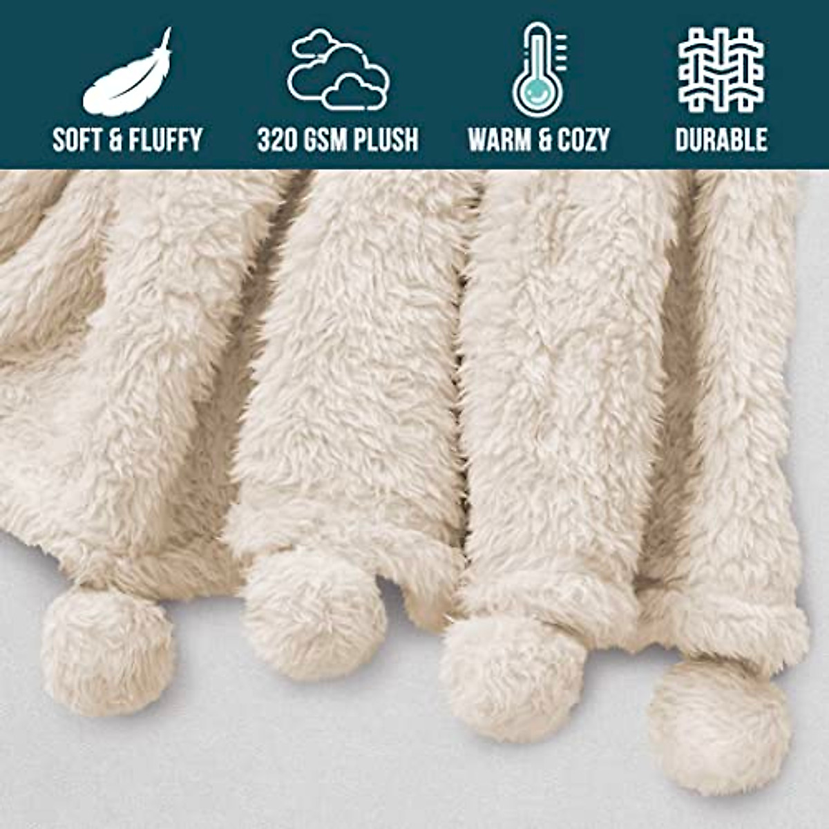 PAVILIA Cream Sherpa Throw Blanket for Couch, Pom Pom | Fluffy Plush Soft Blanket for Sofa Bed | Shaggy Warm Fuzzy Fleece Blanket | Cozy Decorative Beige Ivory Pompom Throw, 50x60