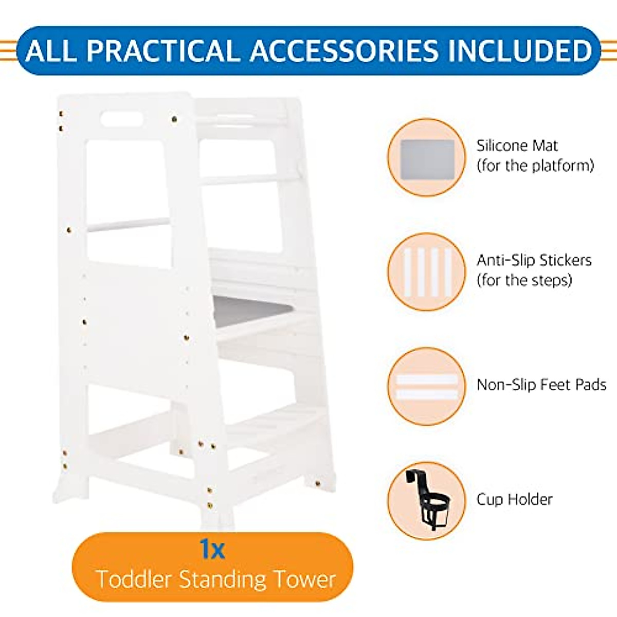 ELIMMAR Toddler Standing Tower - Wooden Learning Tower for Children - 5-Level Adjustable Height, Non-Slip Steps & Feet Pads, Silicone Mat, 2 Safety Bars - Helper Stool for Kids - White, 16x15.7x35.4