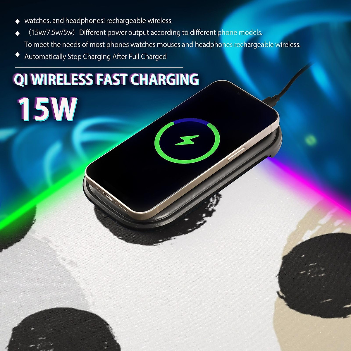 Polka Dot Wireless Charging Mouse Pad for Mobile Phone Extra Large Gaming Mousepad with 13 Lighting Modes Mouse Mat for Gaming MacBook PC Laptop Desk Home Office