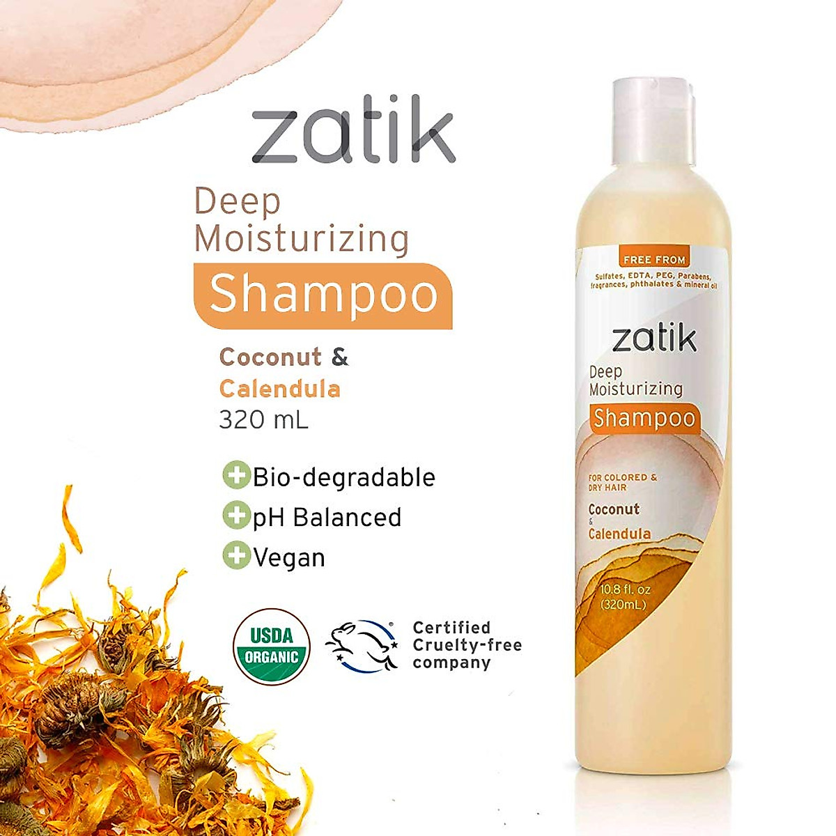 Zatik Naturals - Deep Moisturizing Shampoo with Coconut & Calendula - Vegan Bio-degradable pH balanced, for Colored and Dry Hair, Free From Sulfates, phthalates & Synthetic Fragrances - 10.8 Fl Oz