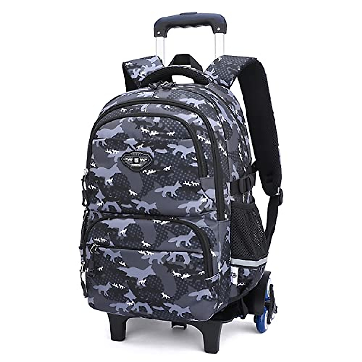 Animal Prints Elemetary Rolling Backpack,Kids Wheeled School Book Bag,Casual Trolley Daypack for Boys, Black, 6 Wheels