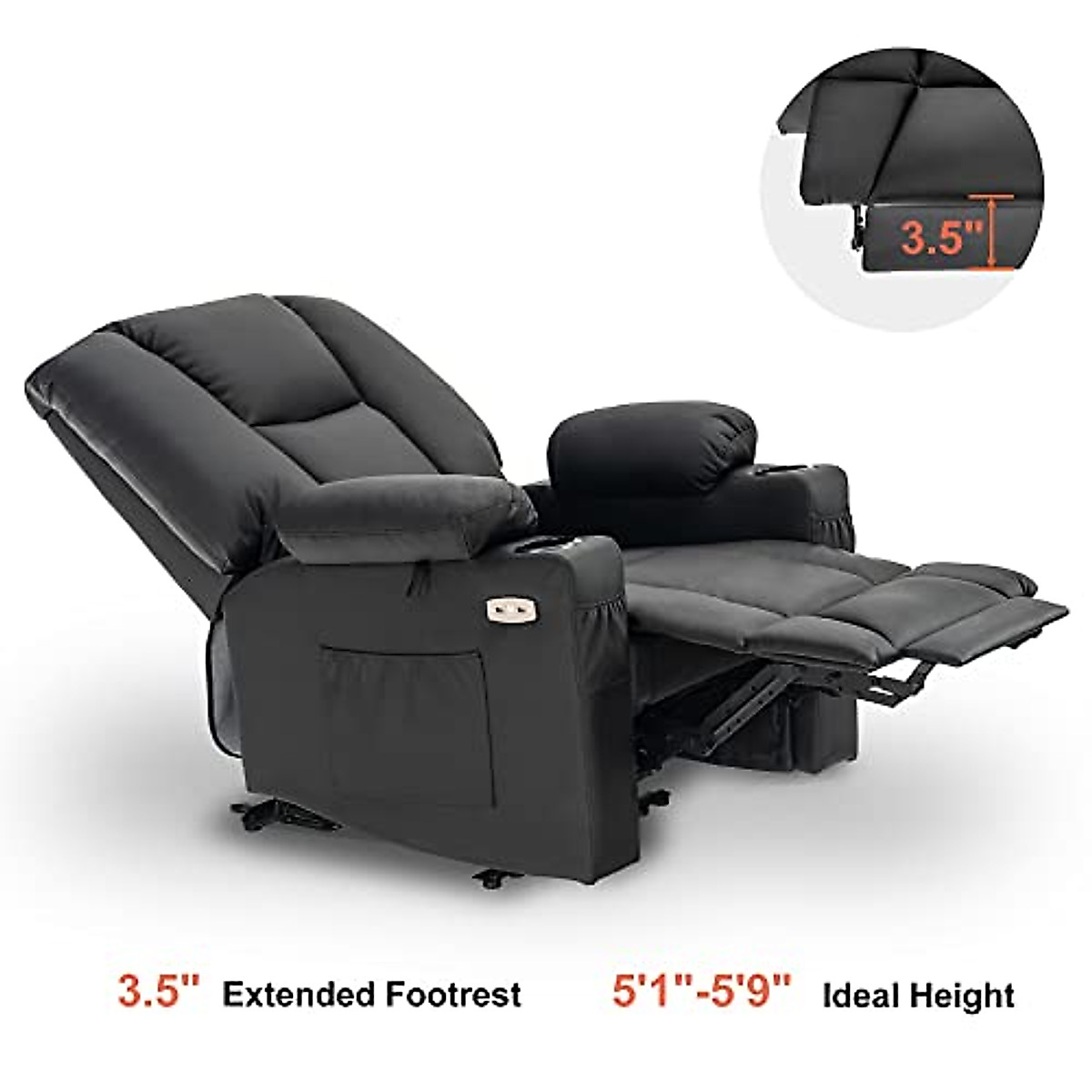 MCombo Electric Power Recliner Chair with Vibration and Heat, Extended Footrest, USB Ports, 2 Side Pockets, Cup Holders, Faux Leather 8015 (Not Lift Chair) (Black)
