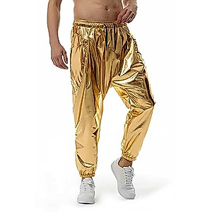 GRAJTCIN Metallic Shiny Jogger Sweatpants for Men 70s/80s Disco Party Rave Sequin Pants Elastic Trousers for Men with Pockets Solid Gold L