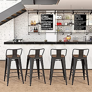 Yongchuang 24" Metal Barstools Set of 4 Counter Bar Stools with Wood Top Low Back Matte Black
