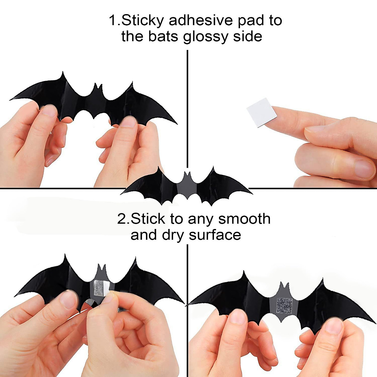 Lonfehaps 100 Pcs Bats Halloween Decoration Wall Stickers, 3D Halloween Bats Waterproof Wall Stickers 4 Size Black PVC Bat Wall Decal for Halloween Bathroom Home Decor Room Party Decor