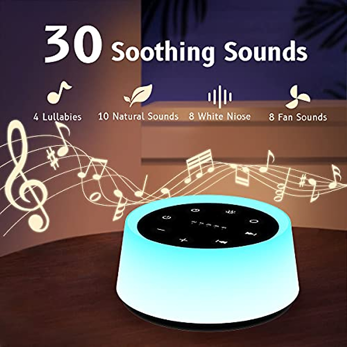 ColorsNoise Sound Machine and White Noise Machine with 30 Soothing Sounds with 12 Colors Baby Night Light with Memory Function (T-Black)