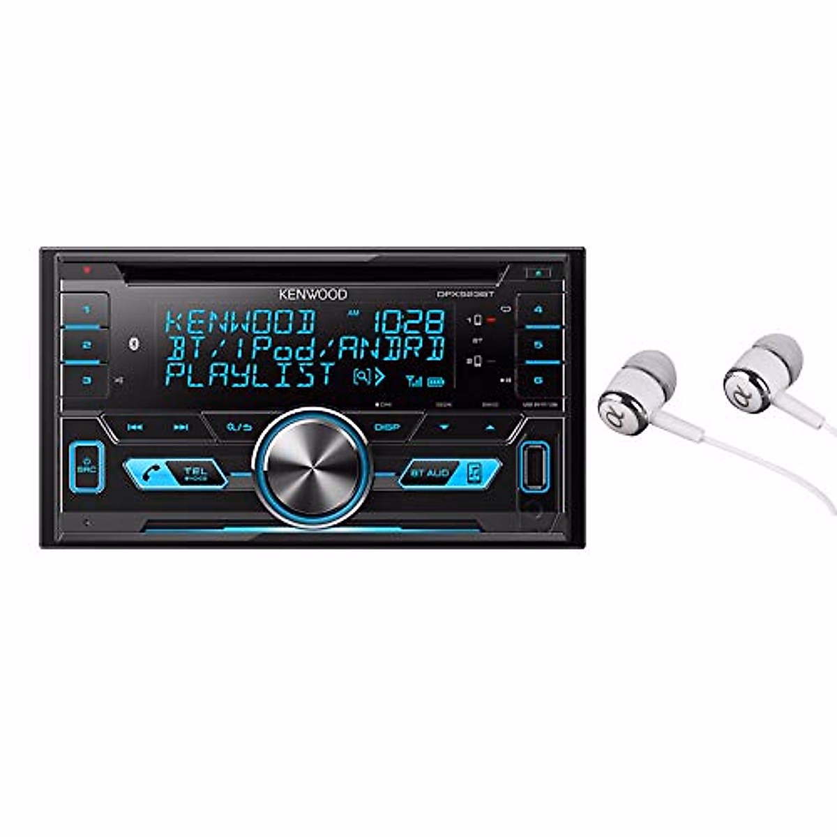 Kenwood Double-DIN In-Dash CD/MP3/USB Bluetooth AM/FM Car Stereo Receiver High Resolution Audio Compatibility Pandora/iHeart Radio/Spotify/iPhone and Android App Ready with ALPHASONIK EARBUDS