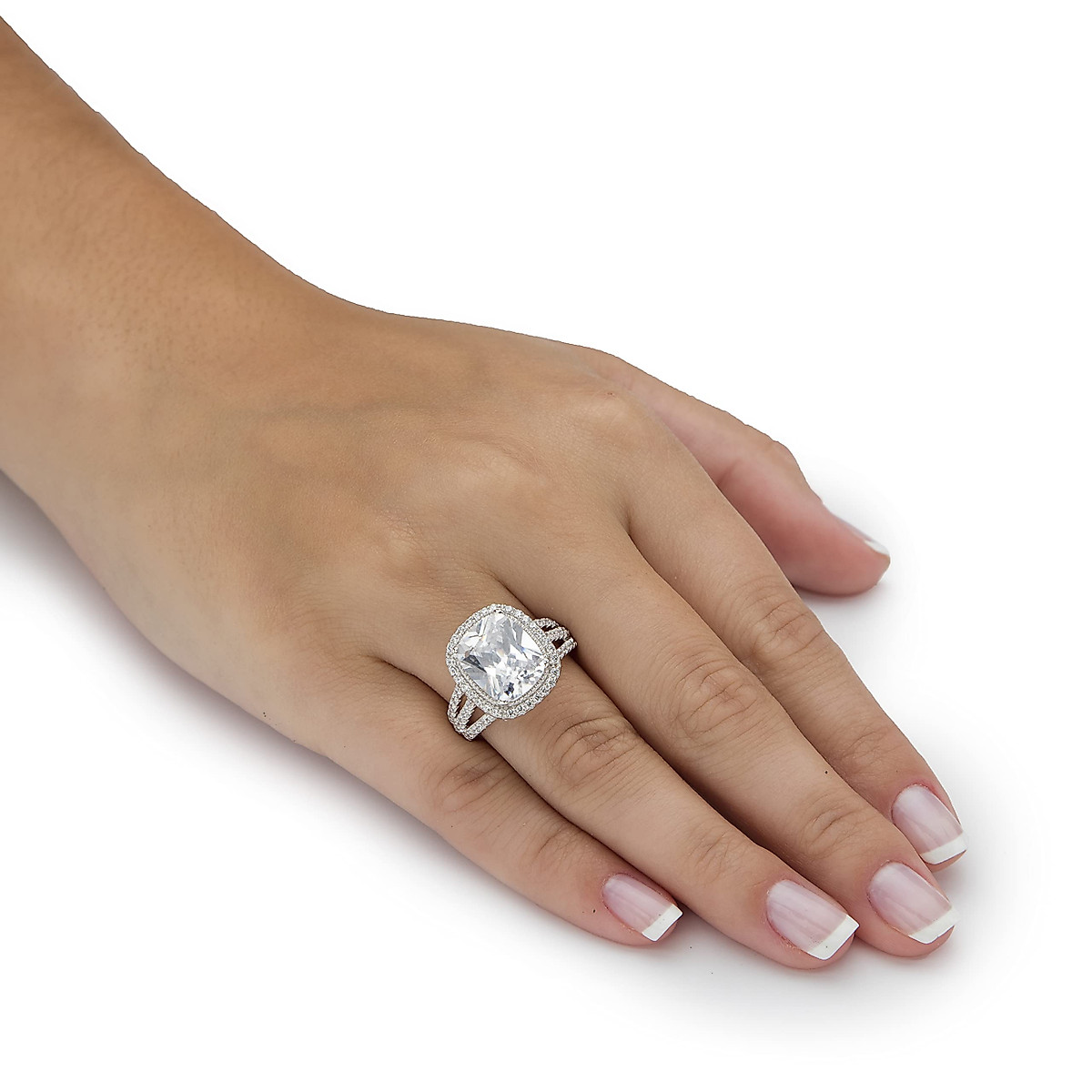 PalmBeach Platinum-plated Sterling Silver Cushion Cubic Zirconia Simulated Split Shank Halo Engagement Ring Sizes 8-10 Size 10