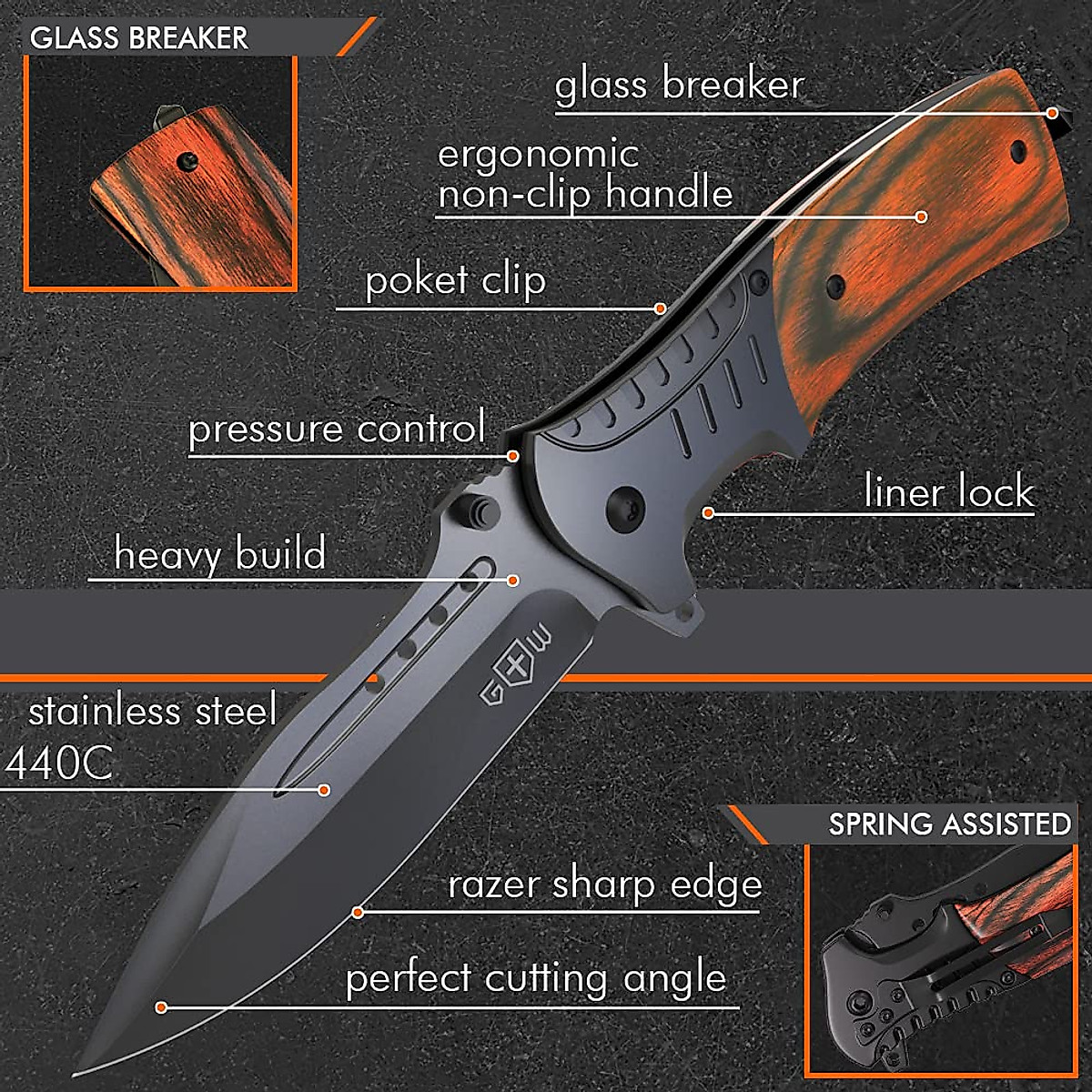 Bundle of 2 Items - Pocket Knife - Tactical Folding Knife - EDC USMC Knife with Fire Starter Paracord Handle - Best Camping Hunting Fishing Hiking Survival Knofe - Travel Accessories Gear - Gifts