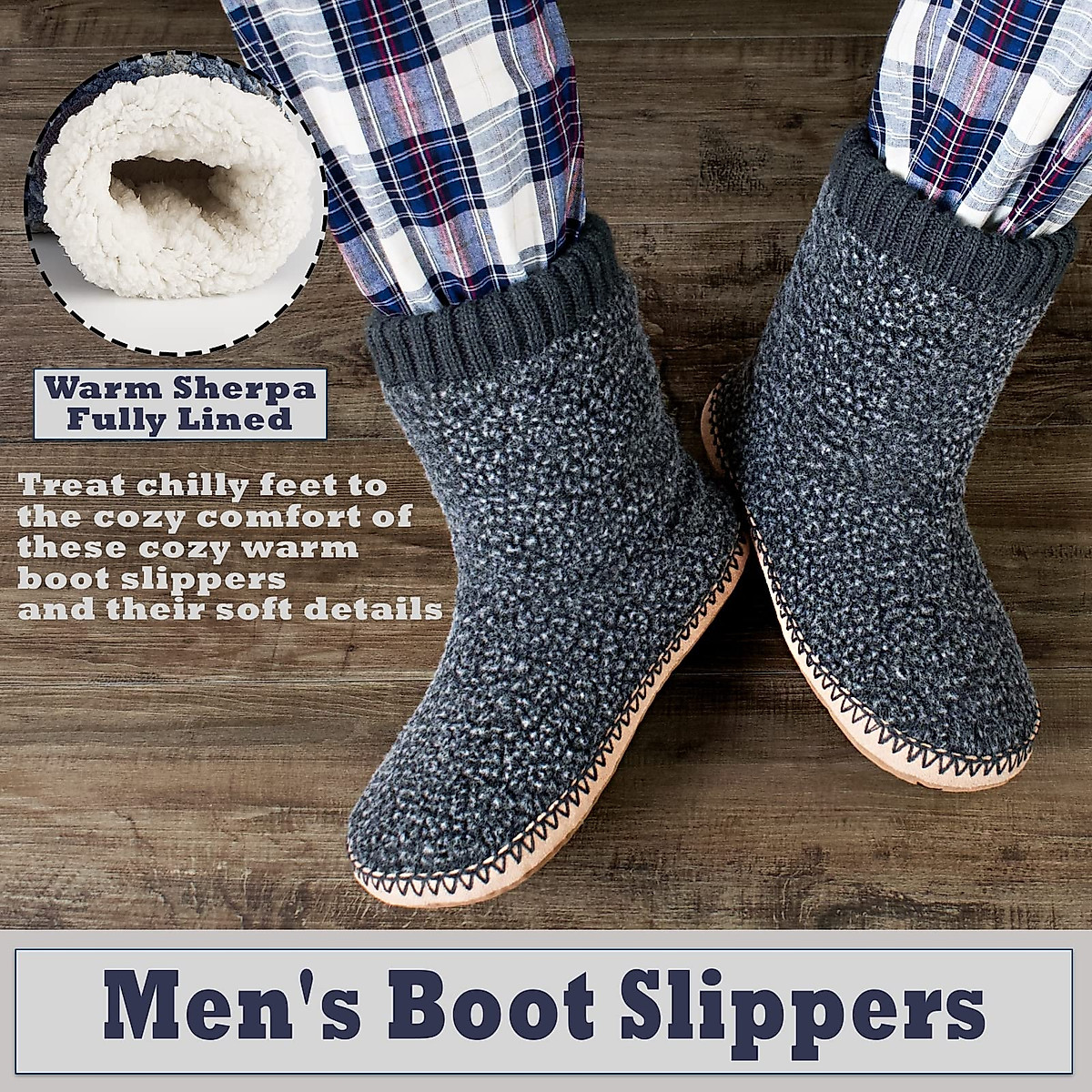 Men's Warm Up House Boots, Thick Fuzzy Sherpa Fleece Winter Moccasin Socks Non-slip Soles, Cozy Soft Comfy Indoor Shoes Rubber Grippers