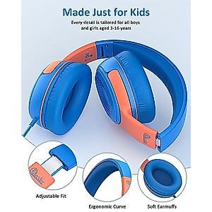 Kids Headphones, ELECDER S8 Wired Headphones for Kids with Microphone for Boys Girls, Adjustable 85dB/94dB Volume Limited, 3.5 mm Jack for School/Kindle/Smartphones/Tablet/Airplane Travel(Blue/Orange)