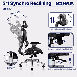 Nouhaus Ergo3D Ergonomic Office Chair - Rolling Desk Chair with 4D Adjustable Armrest, 3D Lumbar Support and Blade Wheels - Mesh Computer Chair, Office Chairs, Executive Swivel Chair (Black)