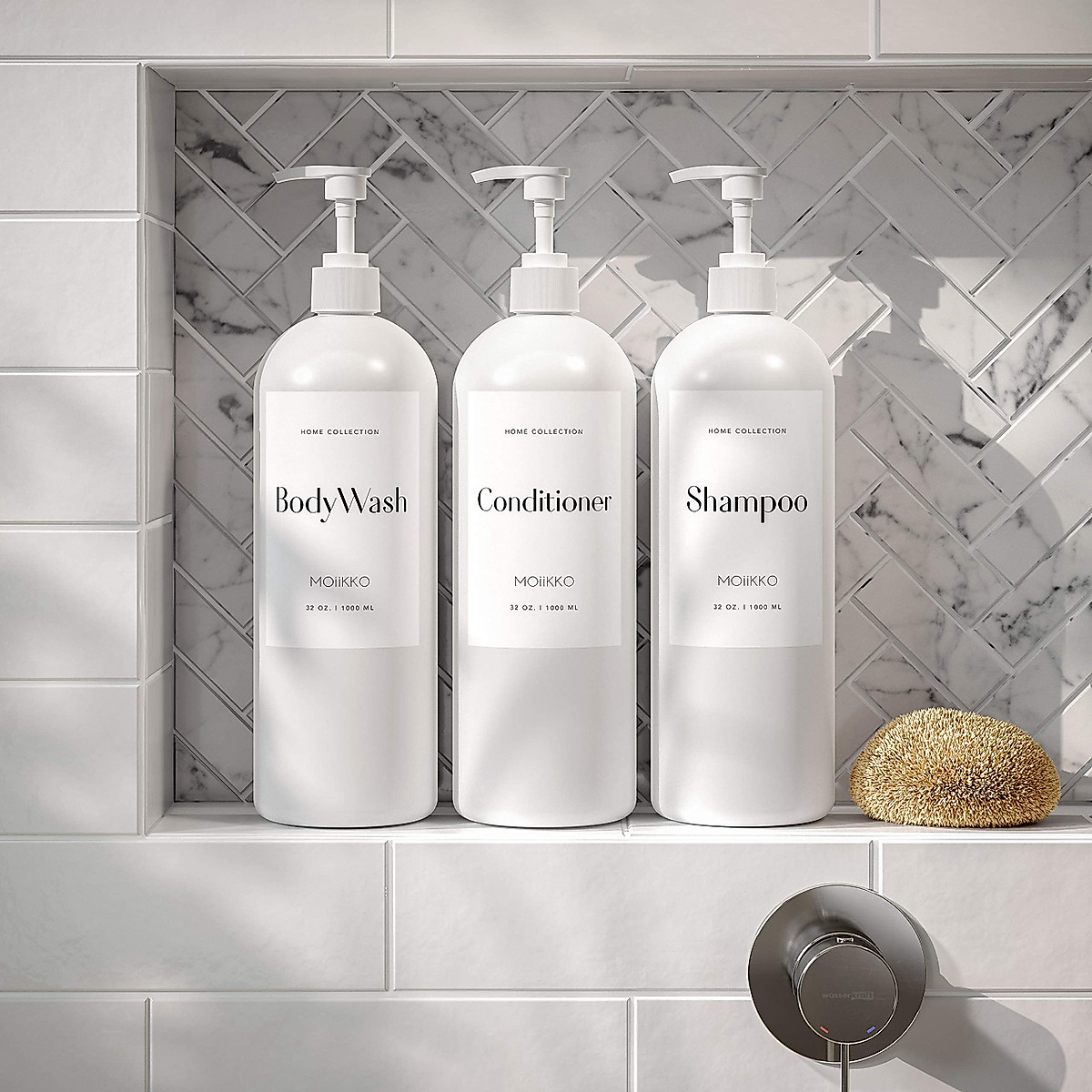 MOIIKKO 32oz Refillable Shampoo and Conditioner Dispenser Bottles - Set of 3 Empty Shampoo Conditioner Body Wash Dispenser with 8 Waterproof Labels