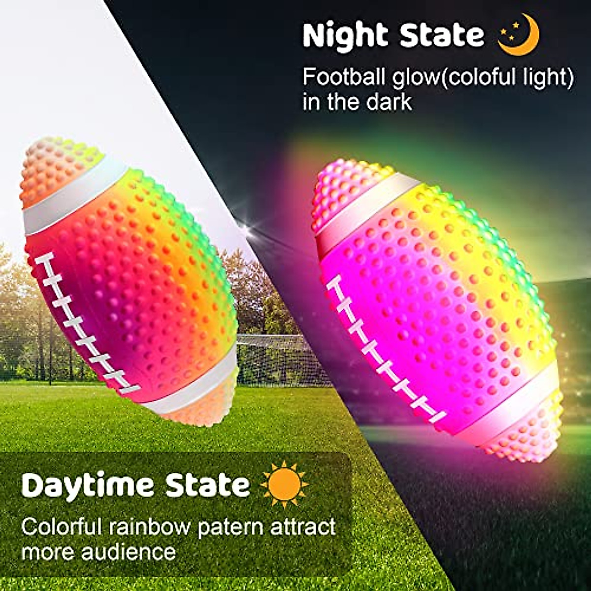 Enhon Light up Swimming Pool Football, 9.6 Inch Glow in The Dark Football, Waterproof Rainbow Football for Under Water Passing Dribbling, Pool Water Diving Ball Game Toys for Teens Adults
