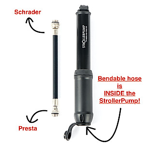 StrollerPump by Steerling Tire Co.- Portable Stroller Tire Pump Compatible with Graco, Baby Trend, BOB Stroller & More *UNCAP Stroller Pump to FIND The Bendable Hose* Valve Adaptors & Mount Included
