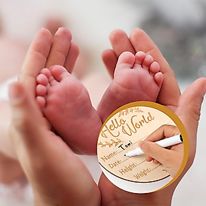 Baby Announcement Sign, 5.9 Inch Double Side Wooden Hello World Newborn Sign Baby Birth Announcement Sign Round Name Plaque with Ink Pad for Hospital Baby Nursery Photo Props