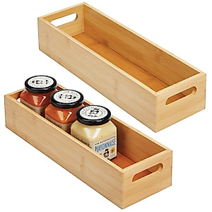 mDesign Bamboo Kitchen Cabinet & Fridge Drawer Organizer Tray with Handle - Storage Bin for Cutlery, Serving Spoons, Cooking Utensils, Gadgets - 2 Pack - 9" Wide - Natural Wood Finish