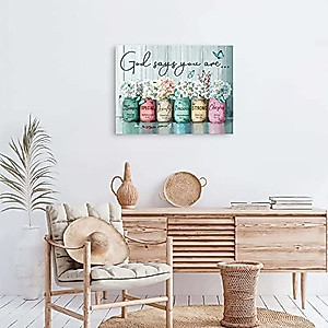 Inspirational Canvas Wall Art Encouraging Bible Verses Wall Decor Marson Jars With Butterflies God Says You Are Wall Art For Home Office Dining Room Decor Farmhouse Wall Art Framed 12x16 Inch (Teal)