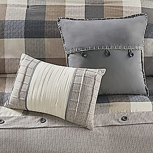 Madison Park Ridge Comforter Set-Cabin Lodge Plaid Herringbone Design All Season Down Alternative Cozy Bedding with Matching Bedskirt, Shams, Decorative Pillow, Queen(90"x90"), Neutral 7 Piece