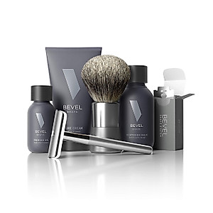 Shaving Kit for Men by Bevel - Starter Shave Kit, Includes Safety Razor, Shaving Brush, Shave Creams, Oil, Balm and 20 Blades. Clinically Tested to Help Prevent Razor Bumps