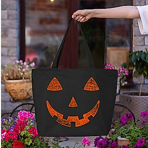 shop4ever Orange Jack O' Lantern Pumpkin Face Halloween Trick or Treat Heavy Canvas Tote with Zipper Reusable Shopping Bag Black ZIP 1