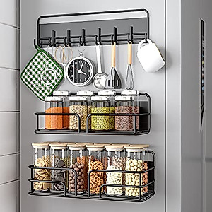 SEIRIONE Magnetic Spice Racks for Refrigerator with 8-Hook Rack,3-Piece Set Seasoning Organizer,2 In 1 Design Spice Rack Organizer,Soid Magnetic Shelf as Seasoning Rack for Kitchen, Bathroom,Laundry