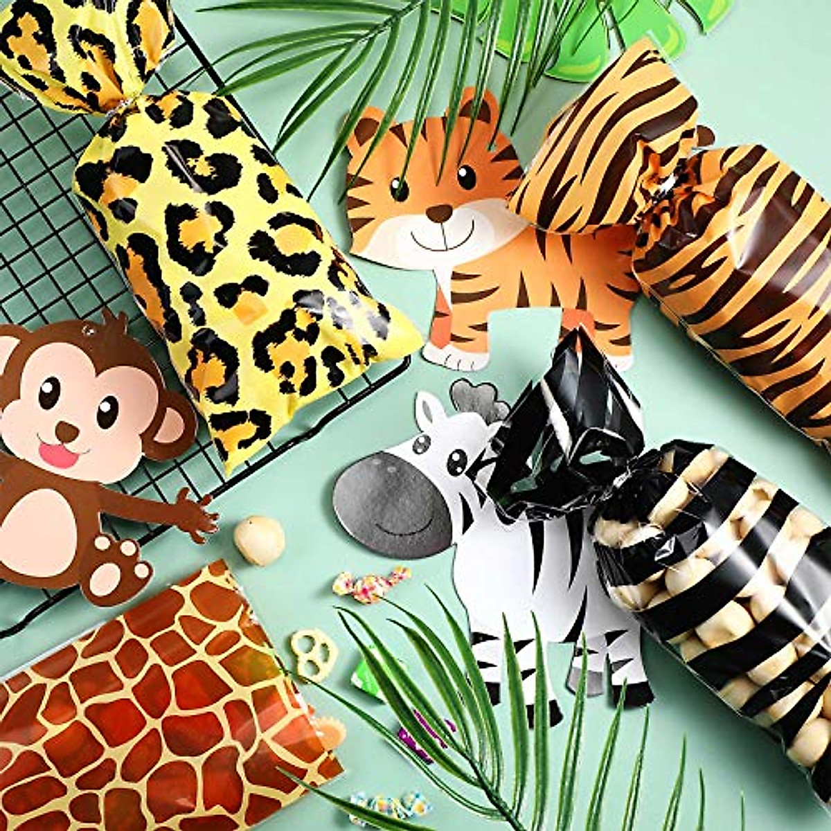 120 Pieces Jungle Animal Treat Bags, Wild Giraffe Cheetah Zebra Tiger Print Cellophane Plastic Candy Bags Goodie Favor Bags with 100 Silver Twist Ties for Jungle Safari Zoo Birthday Party Supplies