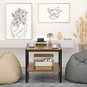 Homieasy End Table, 20 Inch Square Side Table Modern Night Stand with 2-Tier Storage Shelf, Living Room Small Coffee Table, Wood Finish Bedside Table for Bedroom, Rustic Brown