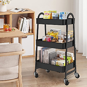 gianotter 3-Tier Utility Rolling Cart - Multifunctional Cart with Lockable Casters, Easy to Assemble, Suitable for Office, Bathroom, Kitchen, Living (Black)