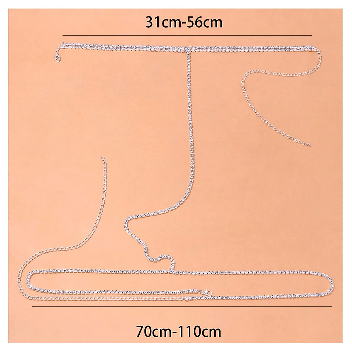 Simple Rhinestone Body Chain Necklace Crystal Choker Bikini Bra Body Chain Jewelry Rhinestone Long Necklace Chain Sexy Waist Belly Chain for Women (Silver)
