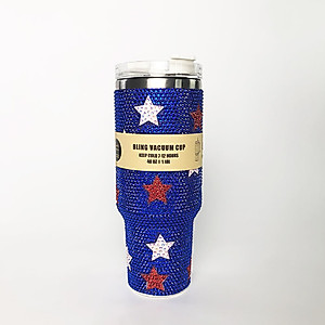 Cupcupmore 40oz Blue Star Bling Rhinestone Stainless Steel Sippy Tumbler Glitter Vacuum Insulated Water Bottle with Straw & Lid &Handle,Thermos for Hot & Cold Drinks,Car Cup Holder,Coffee