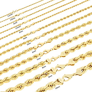 Nuragold 14K Yellow Gold Solid Rope Diamond Cut Chain Necklace, Bracelet, or Anklet/Lengths 7"- 30" / All widths from 1mm to 10mm - Real Italian Jewelry for Mens and Womens