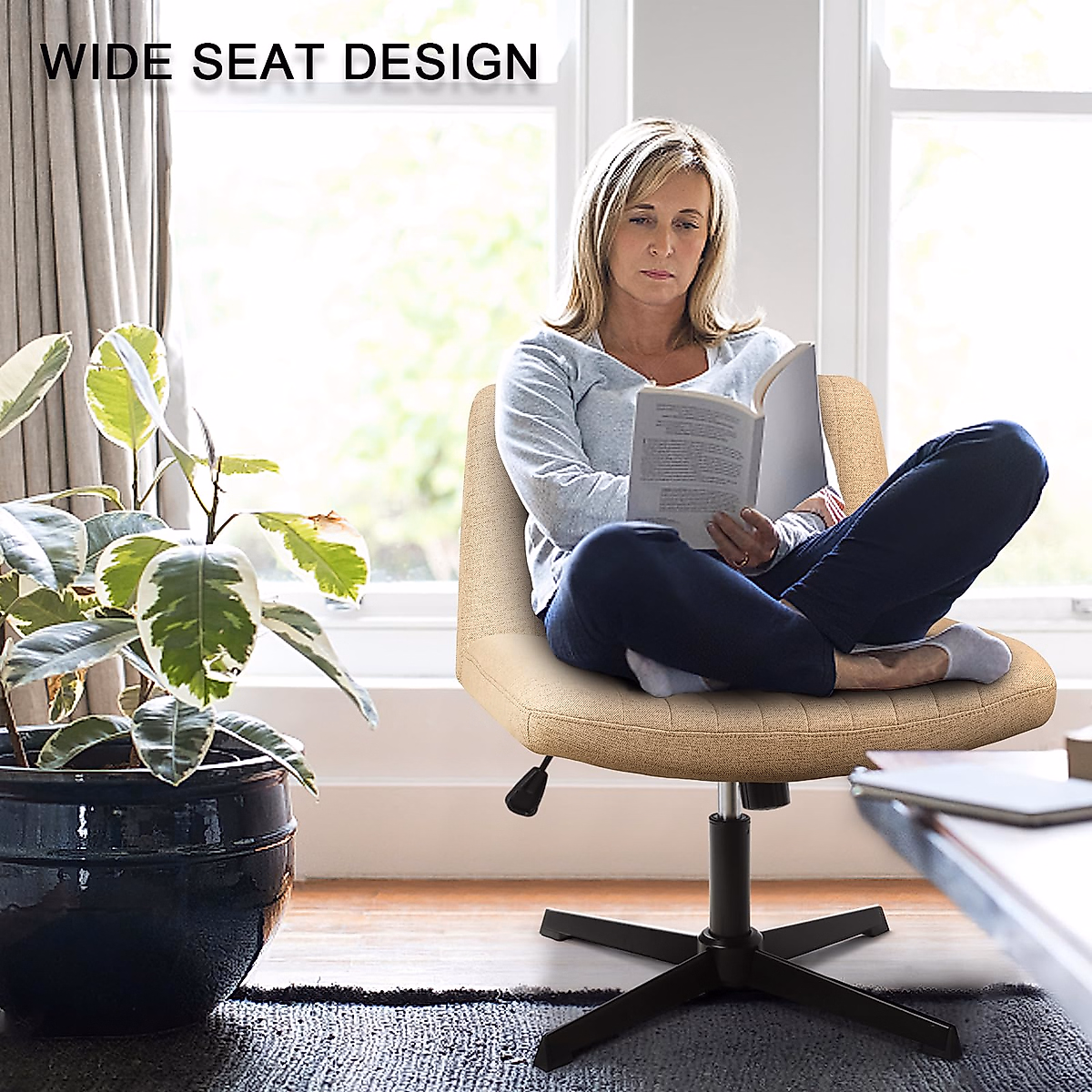 LEMBERI Fabric Padded Desk Chair No Wheels, Armless Wide Swivel Home Office Desk Chair,120° Rocking Mid Back Ergonomic Computer Task Vanity Chair for Office, Home, Make Up,Small Space (Yellow)