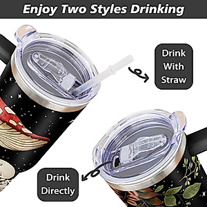 thmasamwr Mushroom Tumbler with Lid and Straw, Stainless Steel Mushroom 40oz Tumbler with Handle, Black Mushroom Travel Coffee Mug Mushroom Gifts Cups for Women and Men