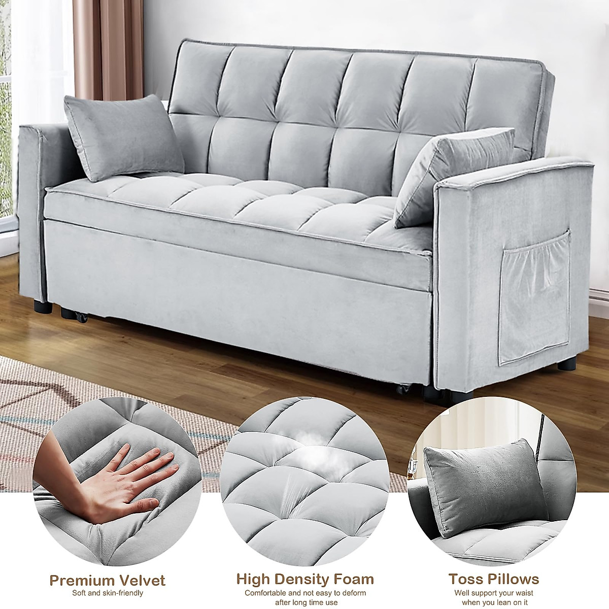 55 Inch Velvet Convertible Sleeper Sofa Bed, 3 in 1 Futon Sofa Couch with Pull-out Bed, Modern Love Seat Sleeper with Adjustable Backrest, 2 Pillows and Side Pockets for Living Room (Velvet Gray)